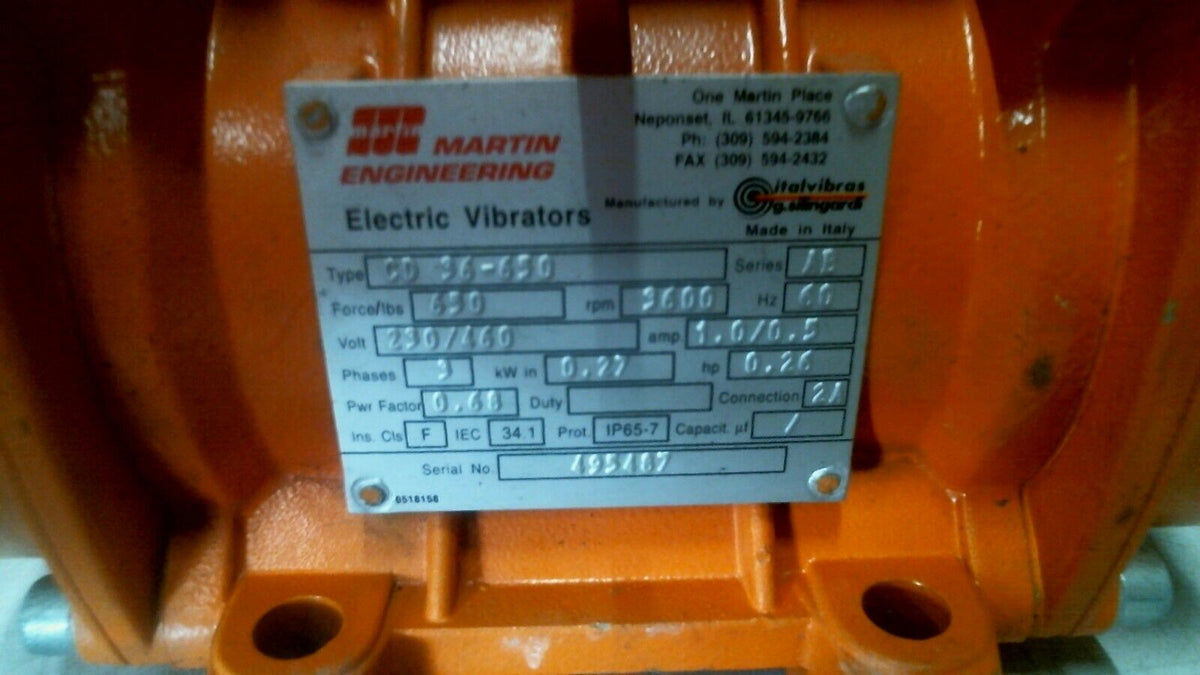 MARTIN ENGINEERING CD 36-650 ELEC. VIBRATOR SER.AB 3600RPM 230-460V 3P ...