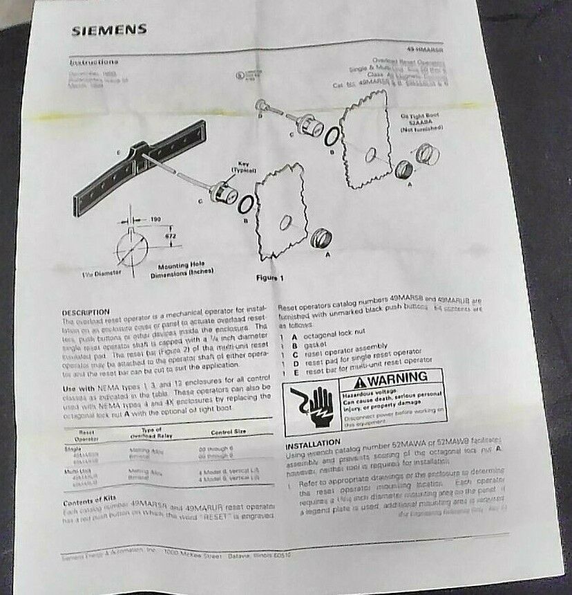 SIEMENS OIL TIGHT 49D224261 OVERLOAD RESET KIT *FREE SHIPPING* – Trojan ...
