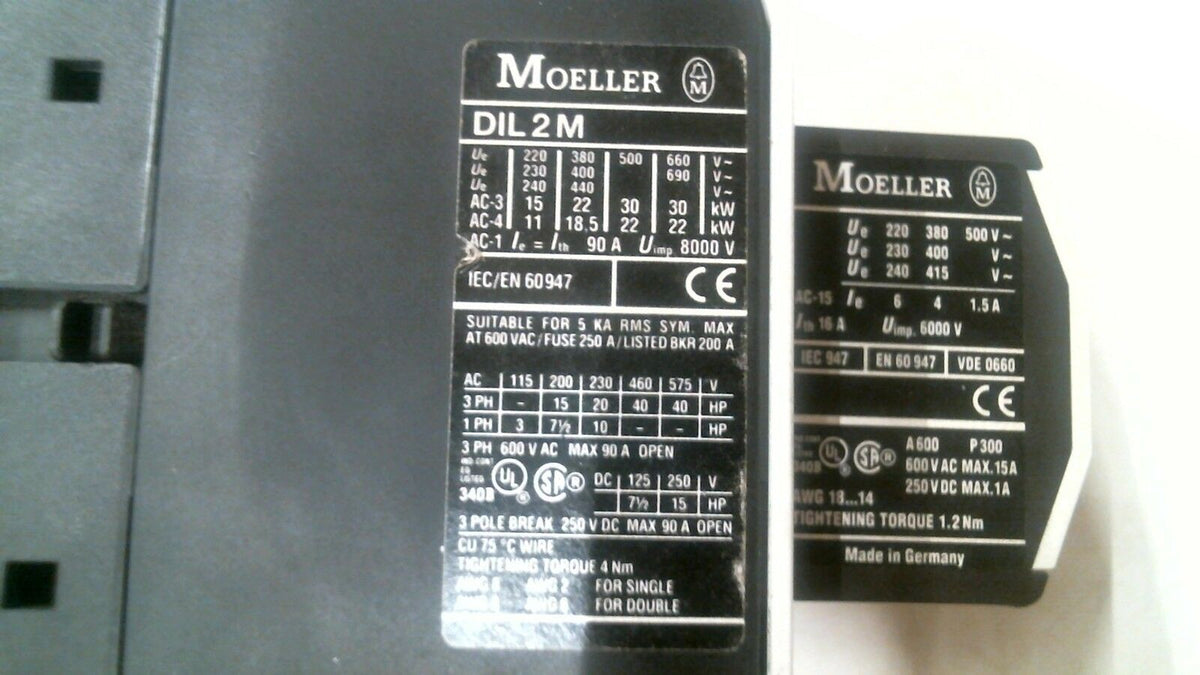 MOELLER KLOCKNER DIL 2 M CONTACTOR & STARTER W/22DILM 600VAC 3PH 90A ...