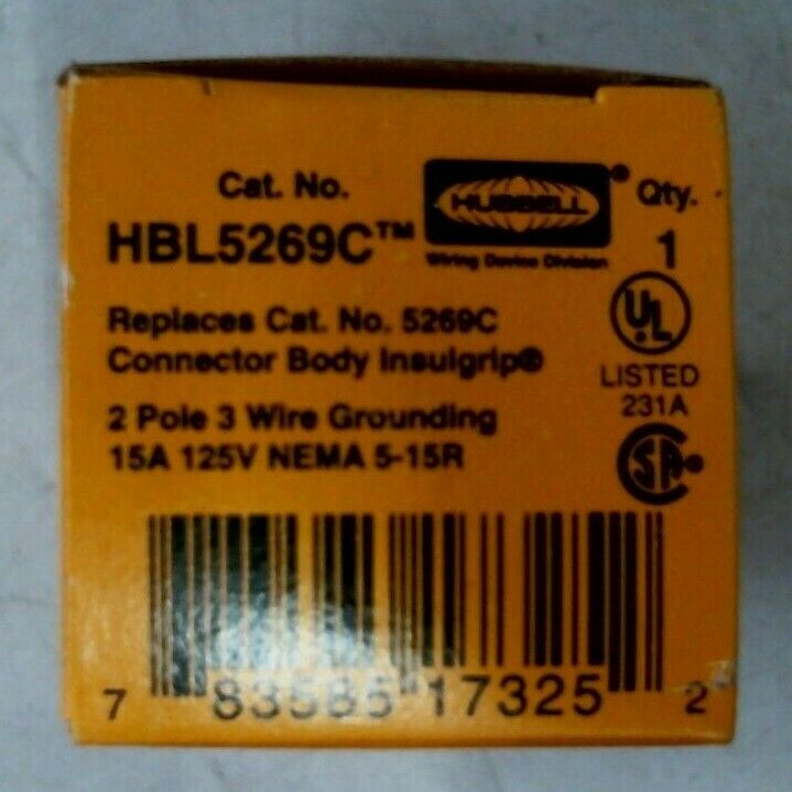 HUBBELL HBL5269C CONNECTOR BODY CORD GRIP INSULGRIP 2P 15A 125V -FREE ...